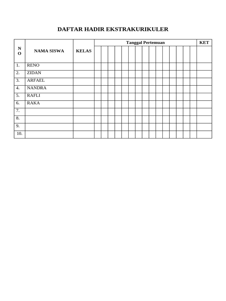 Daftar Hadir Ekstrakurikuler | PDF