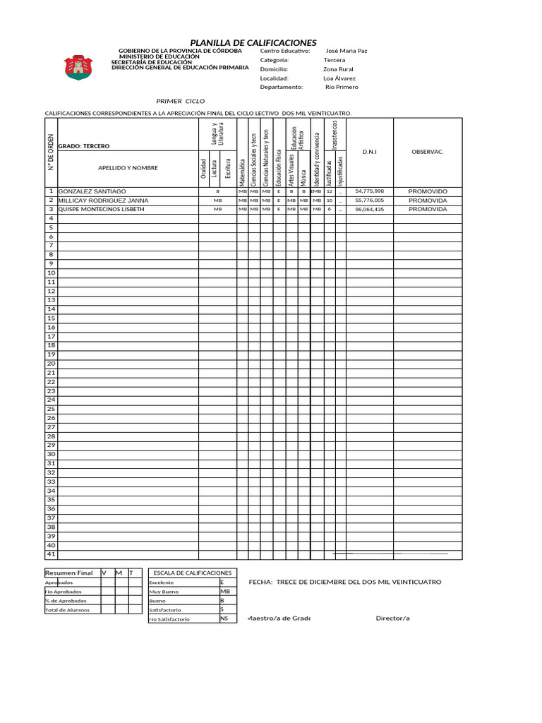 PLANILLA Apreciacion Final PRIMERA ETAPA PRIMER CICLO 2024 | PDF