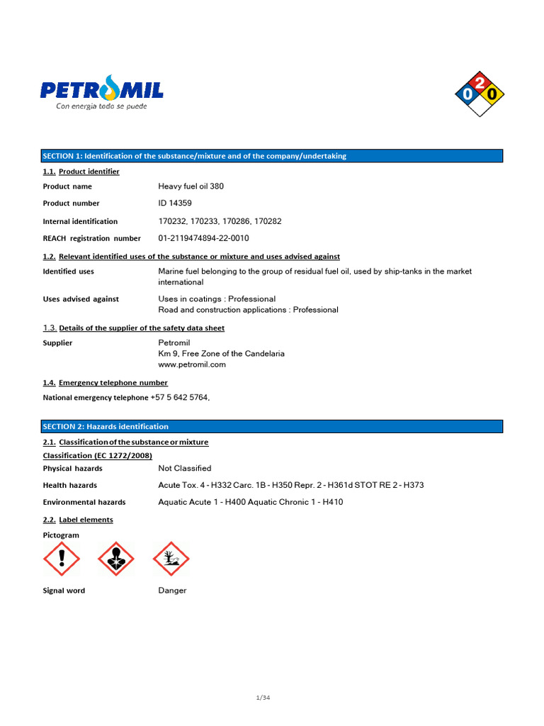 SAFETY DATA SHEET - Intermediate Fuel Oil (HSFO380) | PDF | Toxicity ...