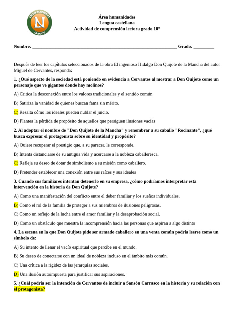 Comprensión lectora: Don Quijote 10° | PDF | Don Quijote