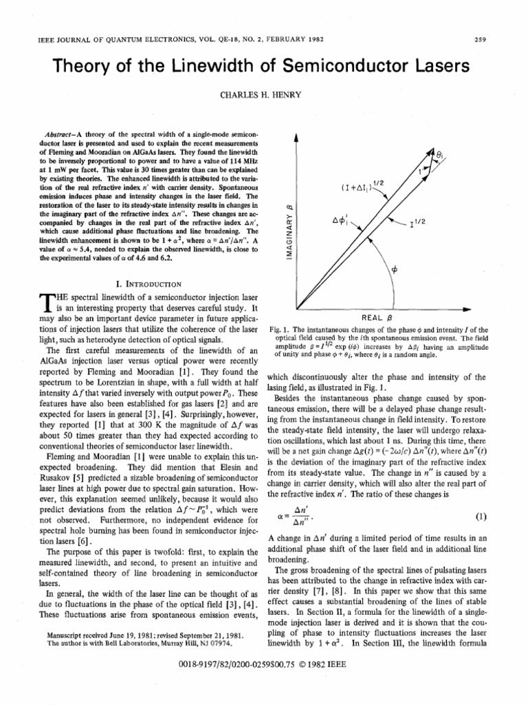 Theory of The Linewidth of Semiconductor Lasers | PDF | Fiber Optic ...