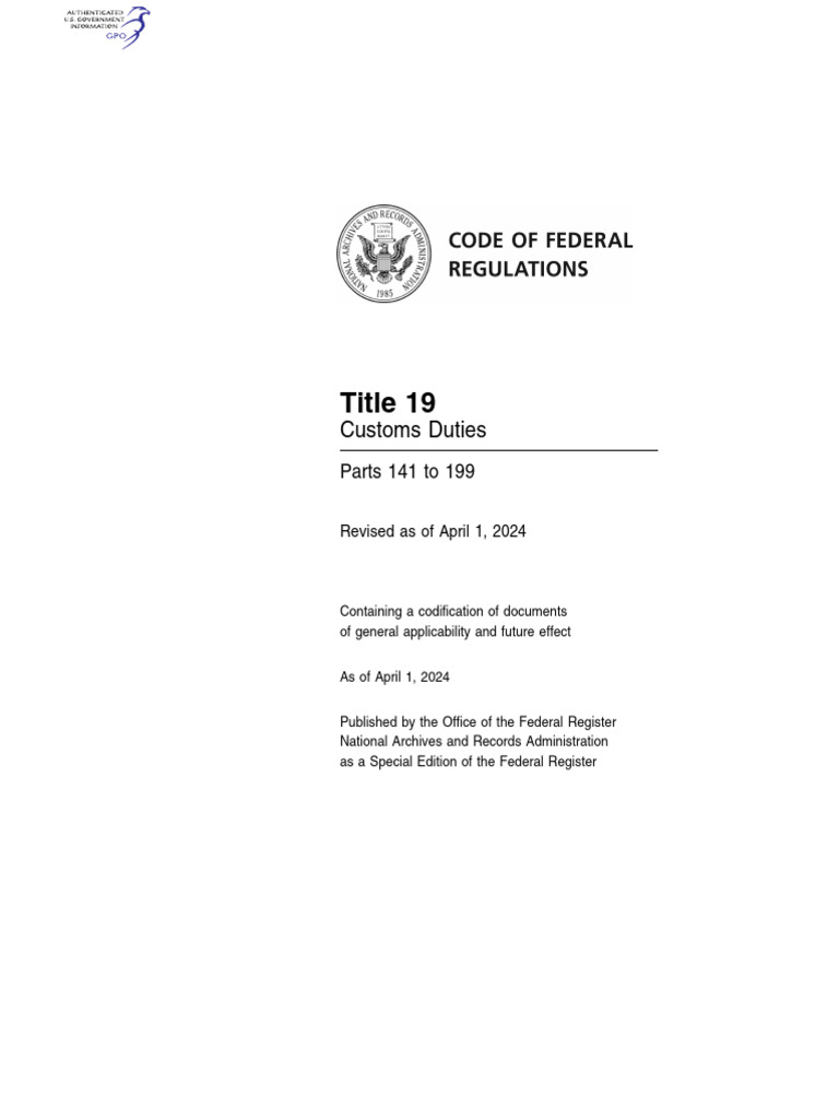 CFR-2024-title19-vol2 | PDF | Code Of Federal Regulations | United ...
