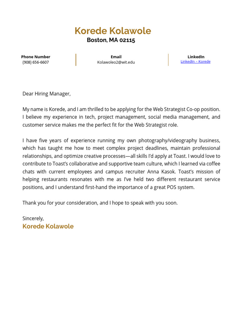 Korede Kolawole Cover Letter | PDF