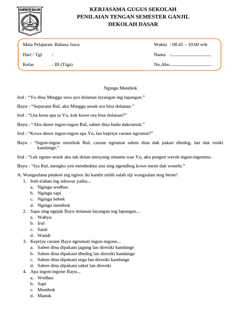 SOAL PTS BAHASA JAWA KLS III - Docx 1 | PDF