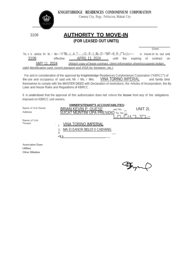 KB AUTHORITY TO MOVE IN | PDF | Lease | Civil Law (Common Law)