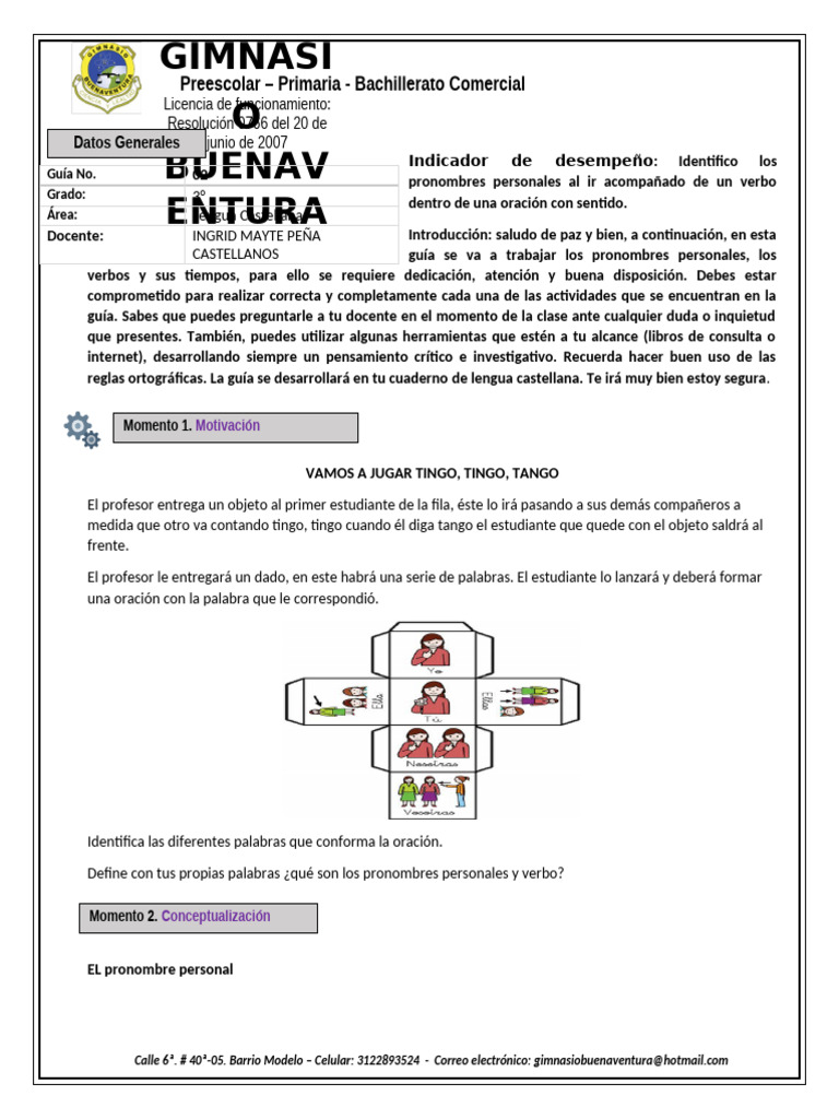 Guía de Aprendizaje 3° 1.P, Los Pronombre y El Verbo | PDF | Verbo ...
