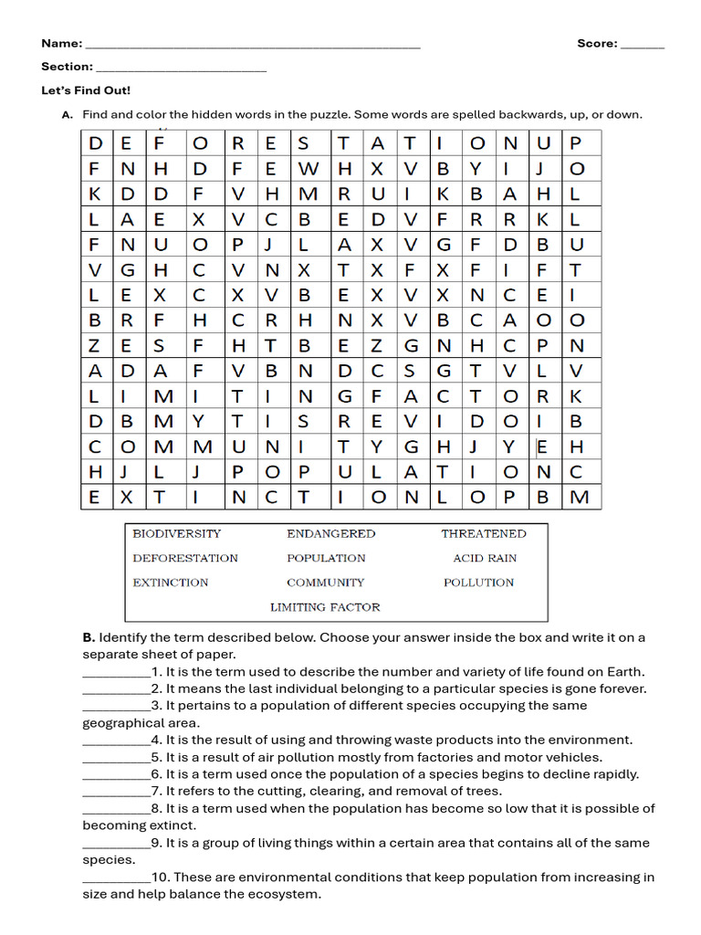 Biodiversity Wordsearch and Quiz | PDF | Natural Environment | Species