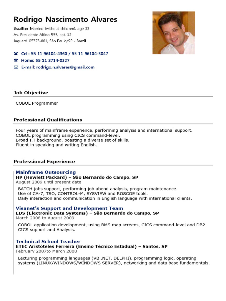 COBOL Programmer Resume - Rodrigo Alvares | PDF | Computing | Software