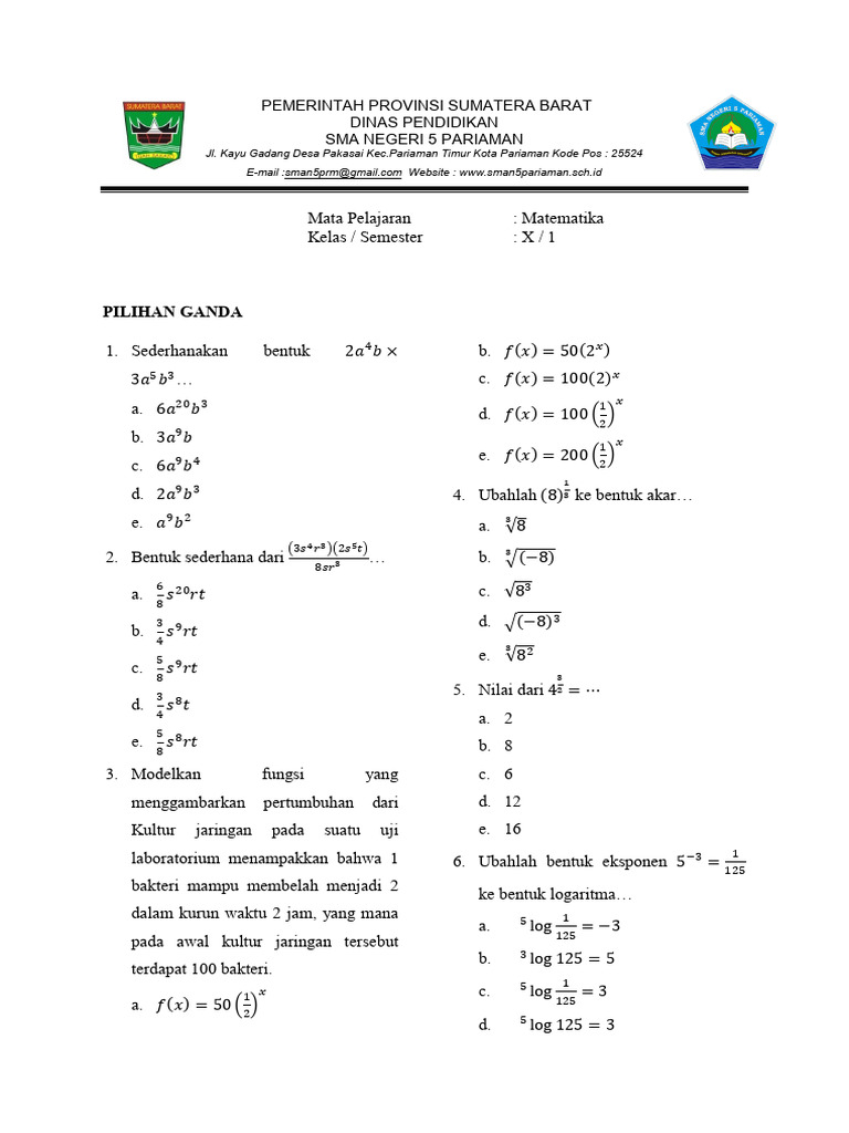 Soal Pas MTK Klas X Sem Ganjil TP 2024-2025 | PDF