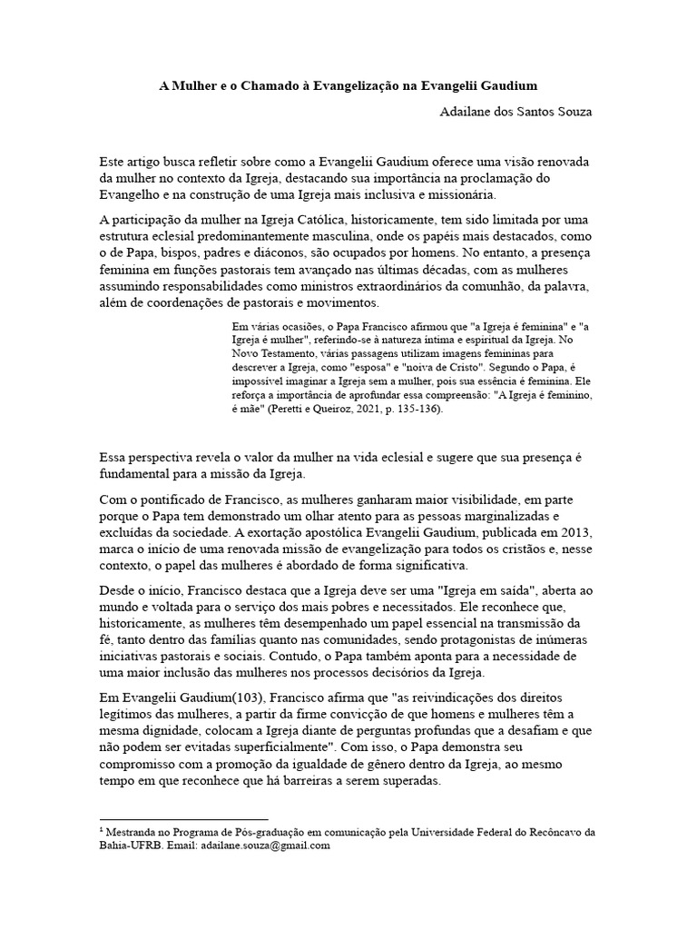 A Mulher e o Chamado à Evangelização na Evangelii Gaudium | PDF ...