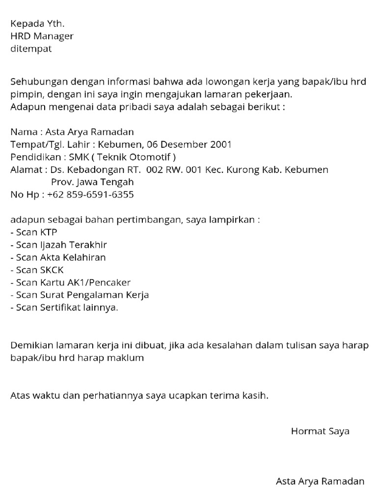 Kepada Yth. HRD Personalia Ditempat. Dengan hormat, Berdasarkan informasi d_20250220_074158_0000 ...