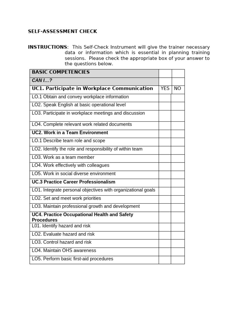 Self-Assessment for Training Competencies | PDF | Information | Hors D ...