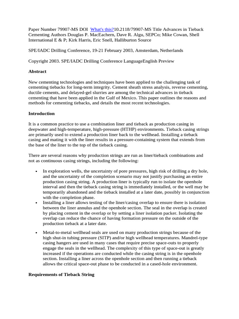 Tie-Back Casing and Cementing | PDF | Casing (Borehole) | Building ...