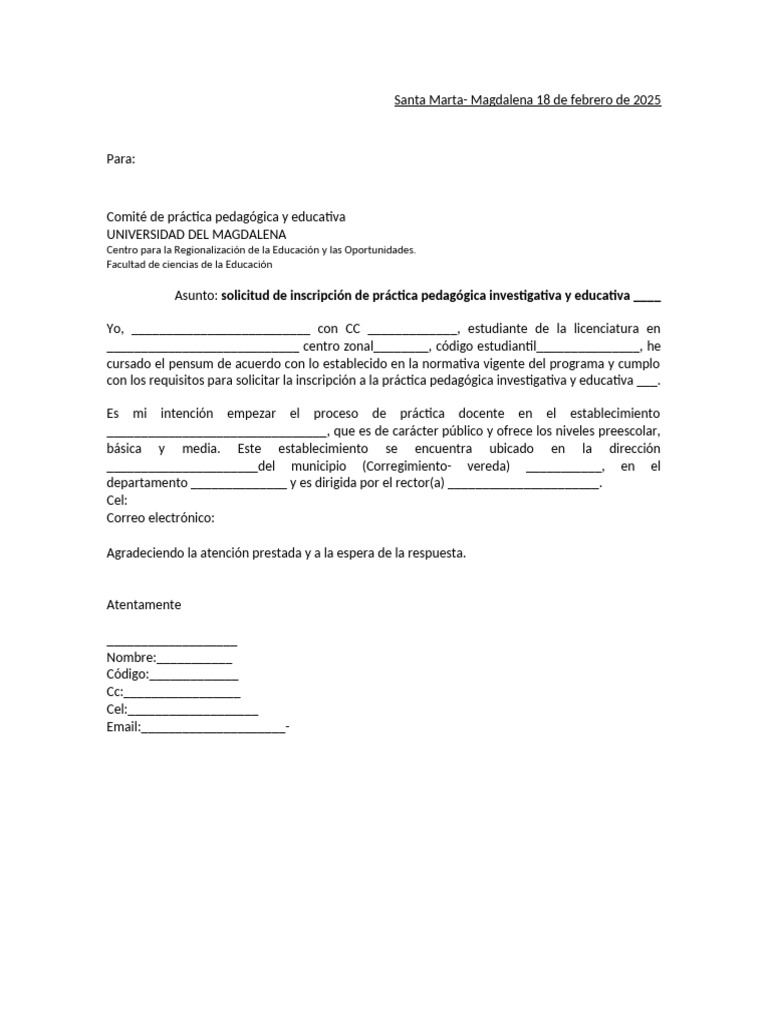 Carta de Solicitud de Práctica 2025 | PDF