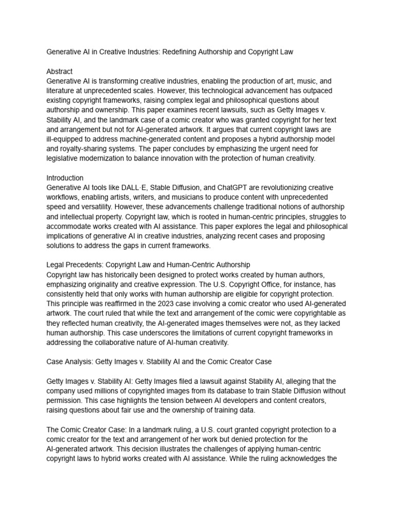 Generative AI in Creative Industries - Redefining Authorship and Copyright Law | PDF ...