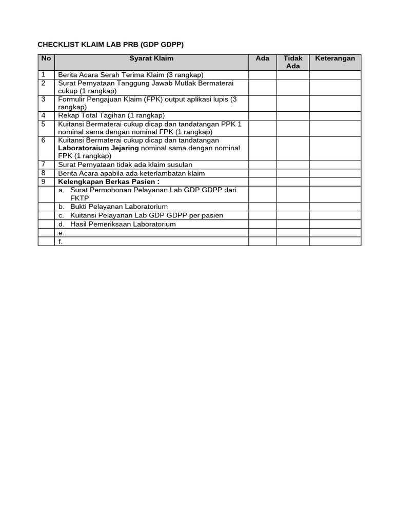 Checklist Klaim Lab PRB (GDP GDPP) | PDF