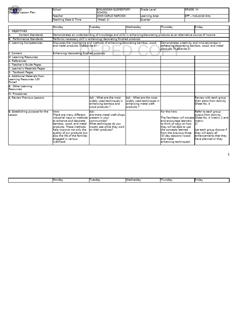 Grade 6 Industrial Arts Lesson Plan | PDF | Learning | Lesson Plan