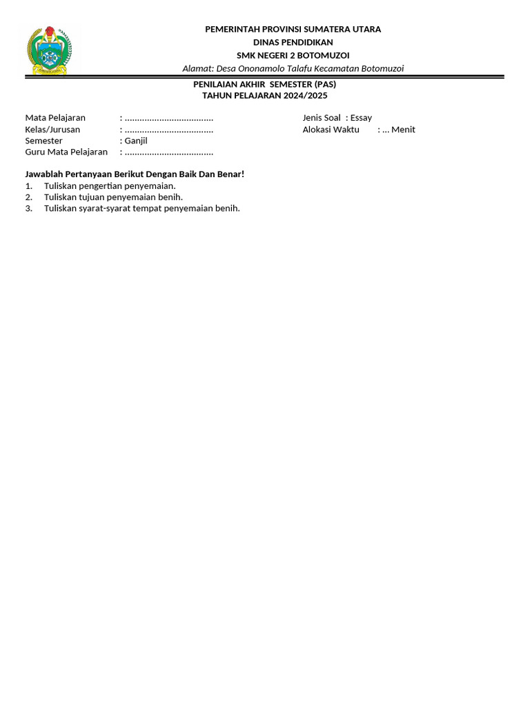 Soal PAS SMK Negeri 2 Botomuzoi | PDF