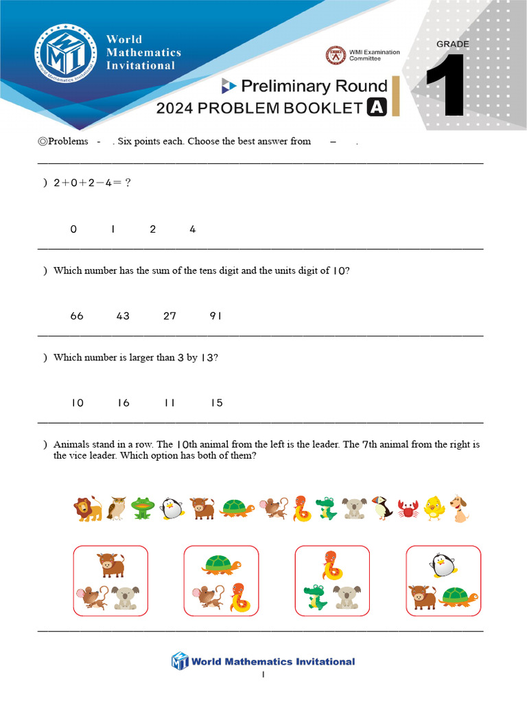 WMI 2024 Prelim Grade 01 Paper A Question | PDF
