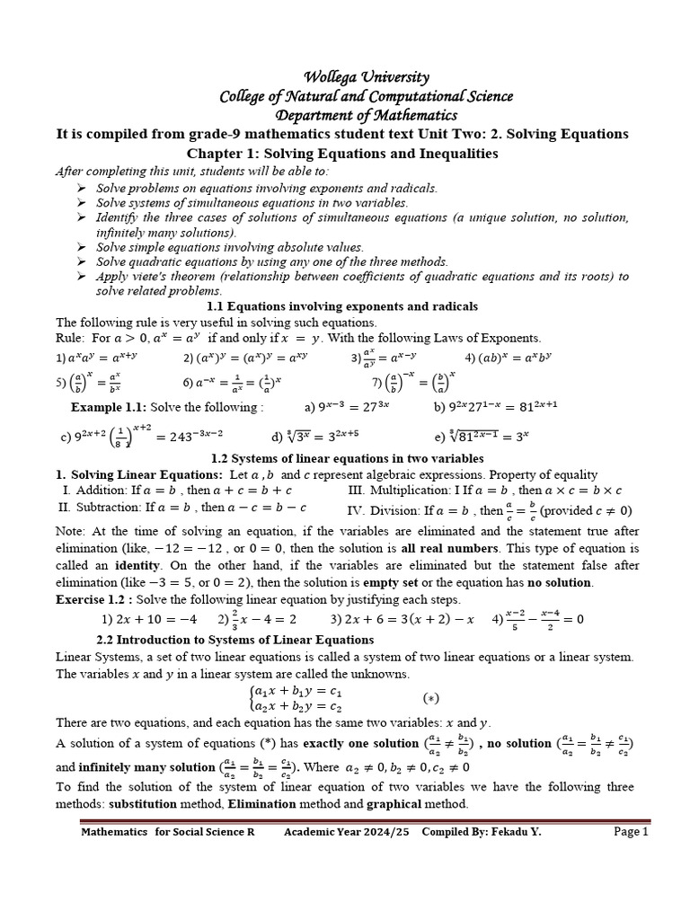 = Unit 1 WU remedial students (1) | PDF | Equations | System Of Linear ...