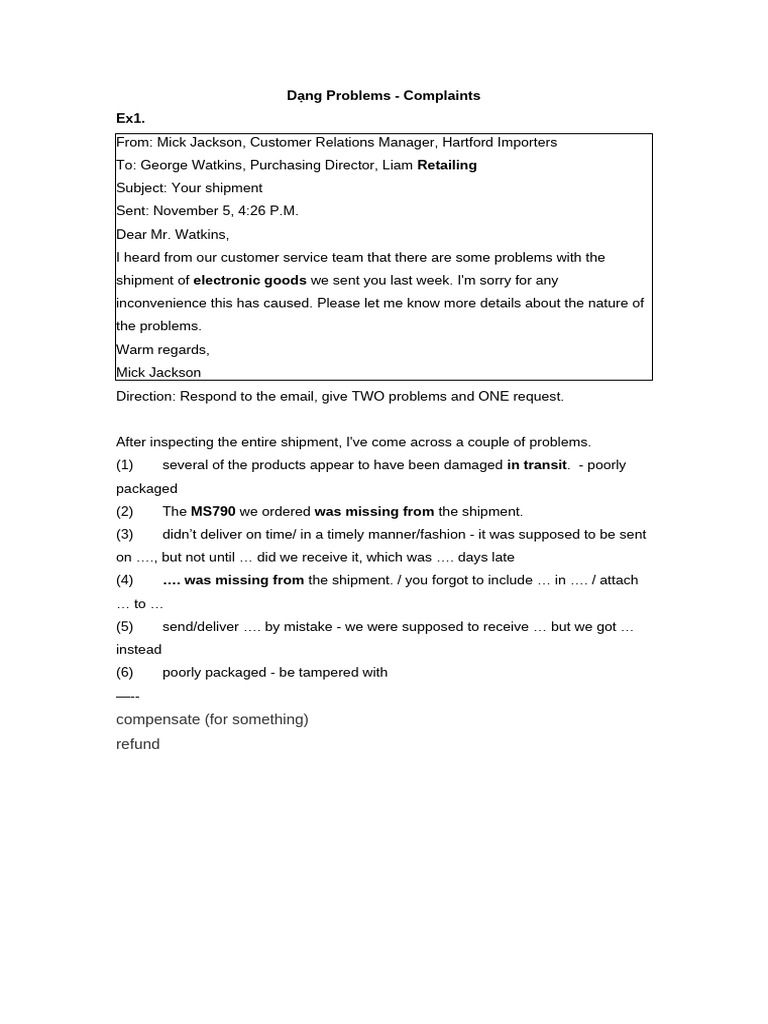 Writing Part 2_Problem-Complaint _ Exercise | PDF