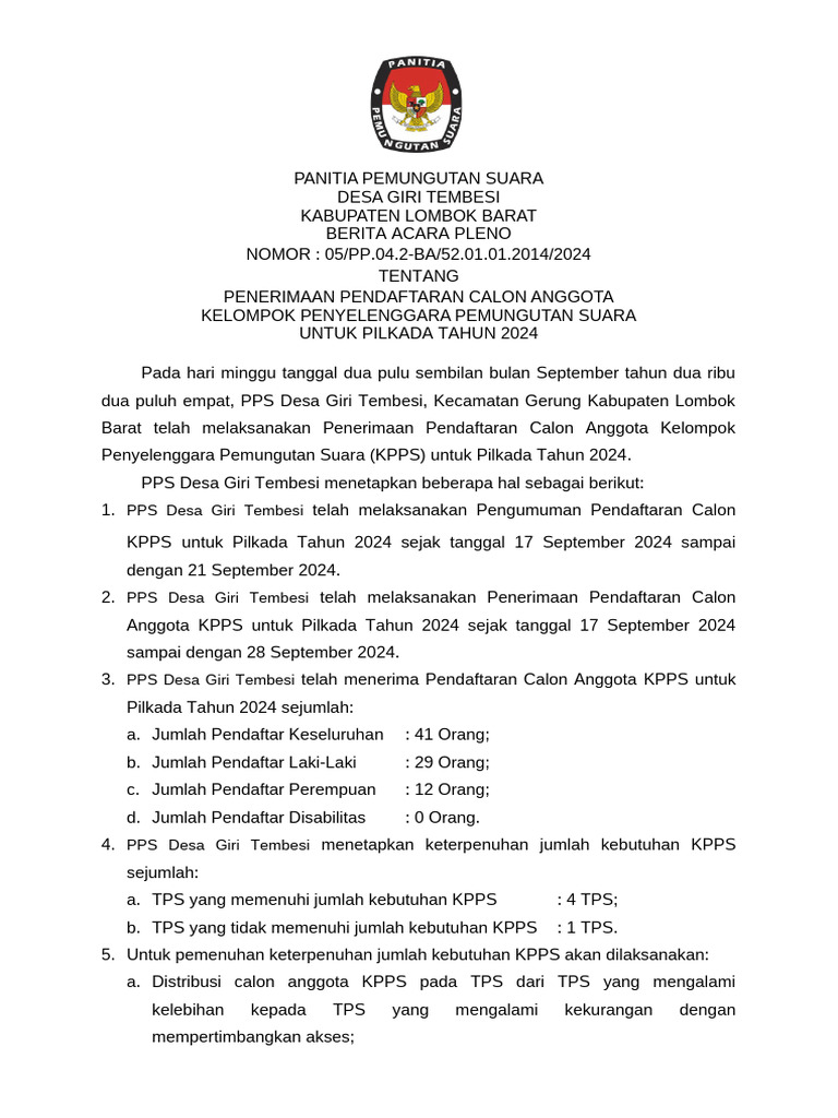 0 Berita Acara PPS Penerimaan Pendaftaran KPPS | PDF
