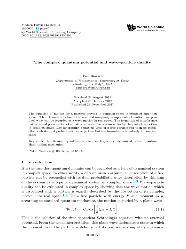 The complex quantum potential and wave–particle duality (Modern Physics ...