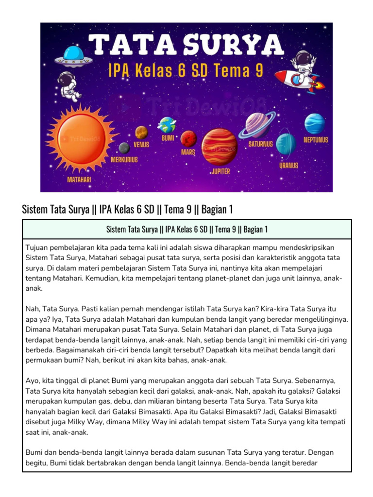 Sistem Tata Surya - IPA Kelas 6 SD - Tema 9 - Bagian 1 - by Diffit (Printable) | PDF