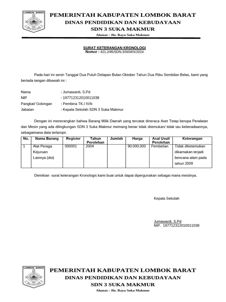 Contoh SURAT KETERANGAN KRONOLOGI & SURAT LAINNYA | PDF