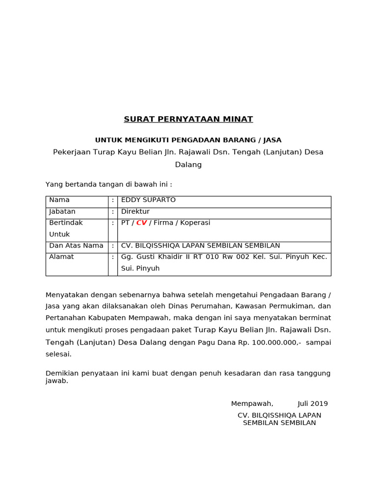 Surat Pernyataan Minat Pengadaan Turap | PDF