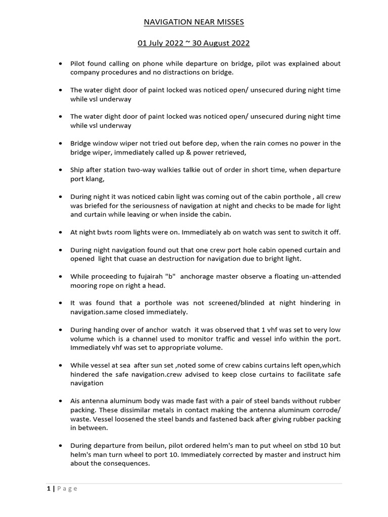 Navigation Near Misses - July To Aug 2022 | PDF | Navigation | Shipping