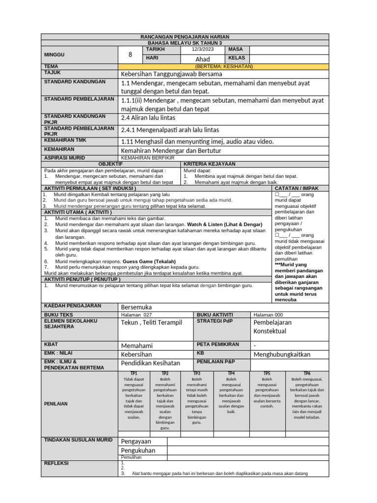 RPH MINGGU 8 BM SK THN 3 2024 BY CIKGU GORGEOUS | PDF