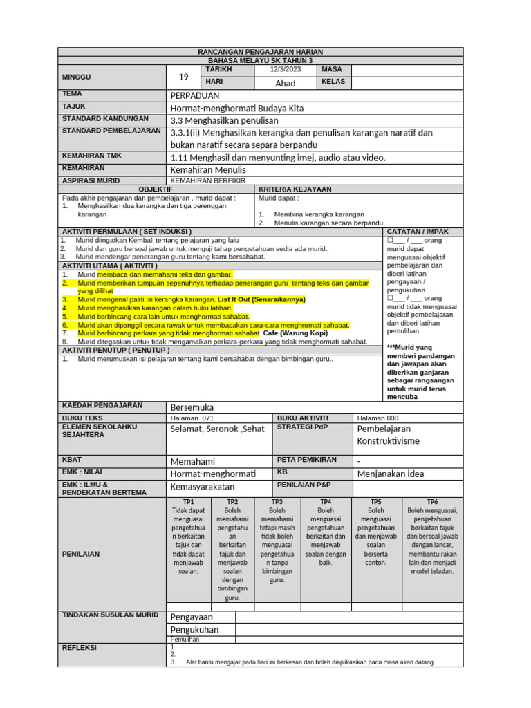 RPH MINGGU 19 BM SK THN 3 2024 BY CIKGU GORGEOUS | PDF