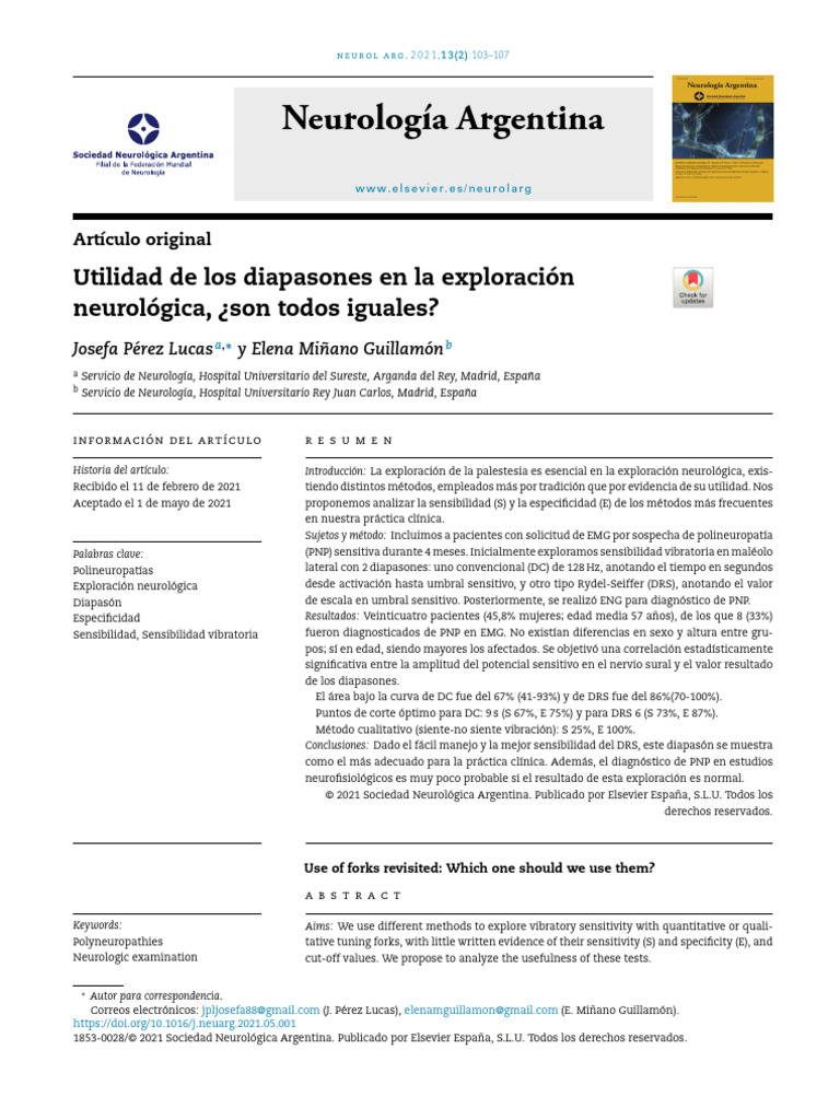Eficacia de Diapasones en Neurología | PDF | Tobillo | Neurología