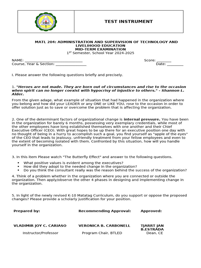 Matl 204 Admin of Tle Midterm | PDF