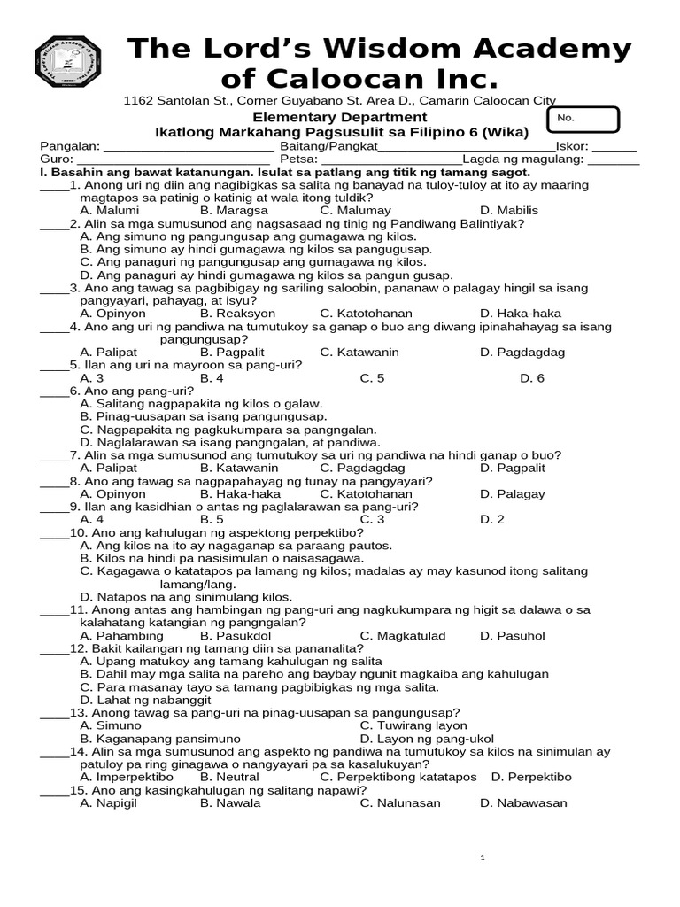 Filipino 6 Exam (3rd Quarter) | PDF