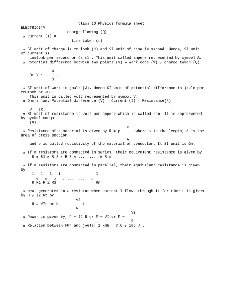 Class 10 Physics Formulas: Electricity, Light, Magnetism | PDF ...