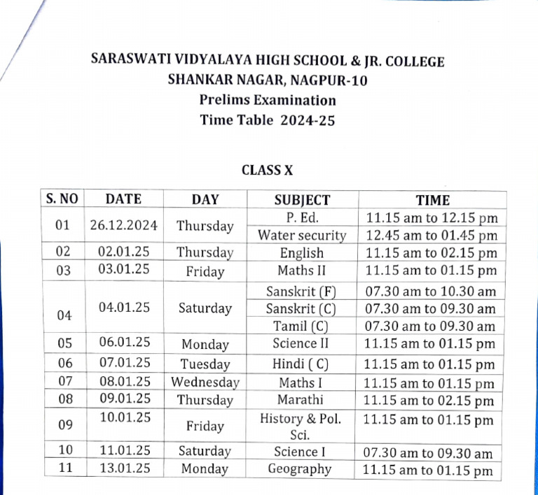 Class X Prelims Exam Timetable 2024-25 | PDF