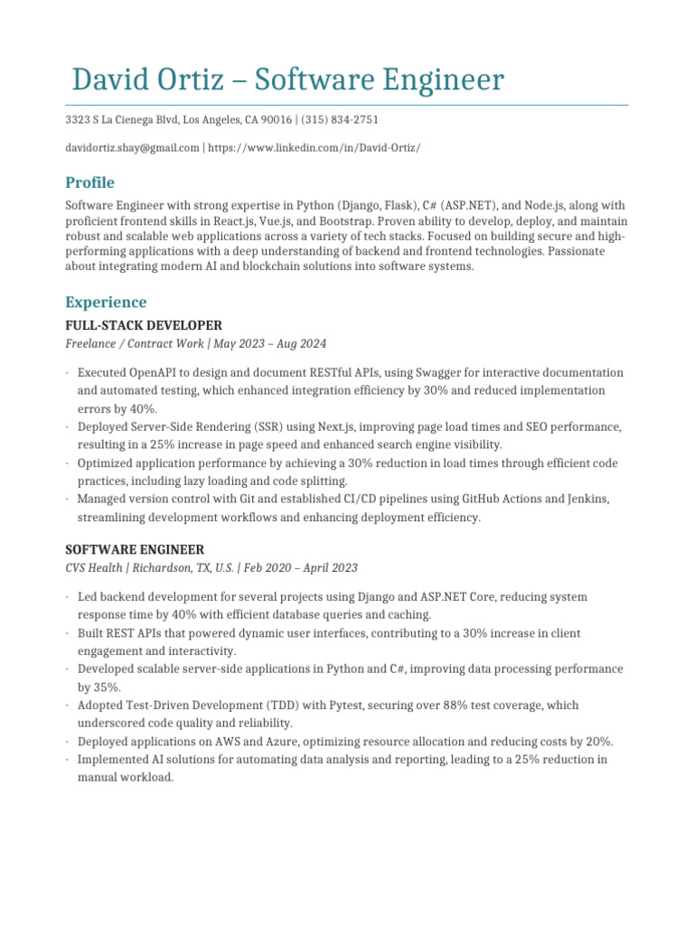 David Ortiz - Senior Software Engineer | PDF | Web Application | Microsoft Sql Server