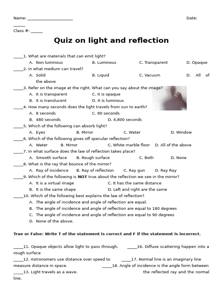 Quiz On Reflection and Light | PDF | Reflection (Physics) | Light