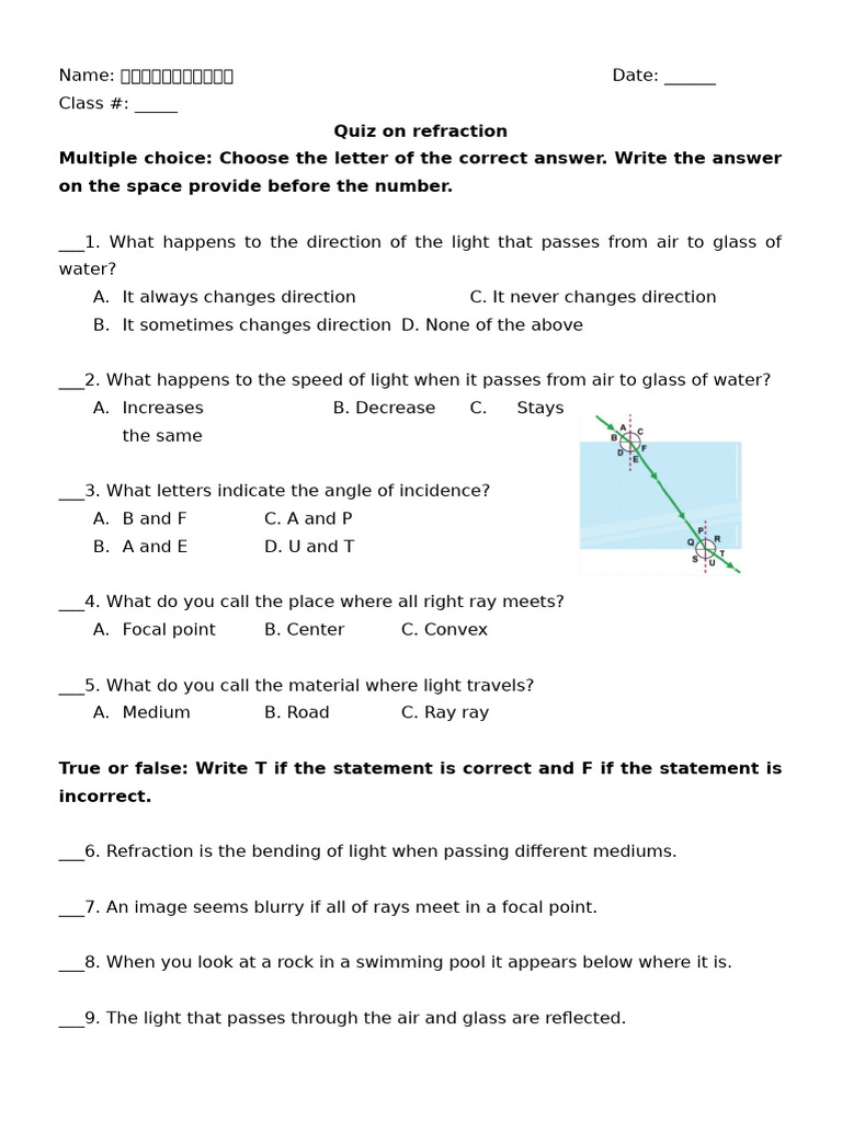 Quiz On Refraction | PDF