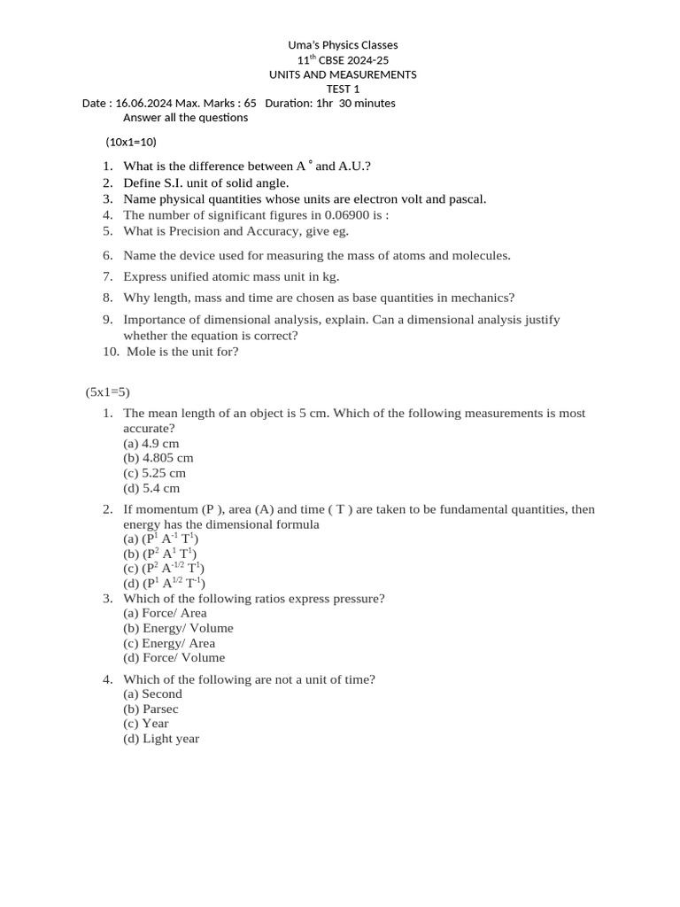 Units and Dimensions - Test-1 | PDF | Mass | Momentum