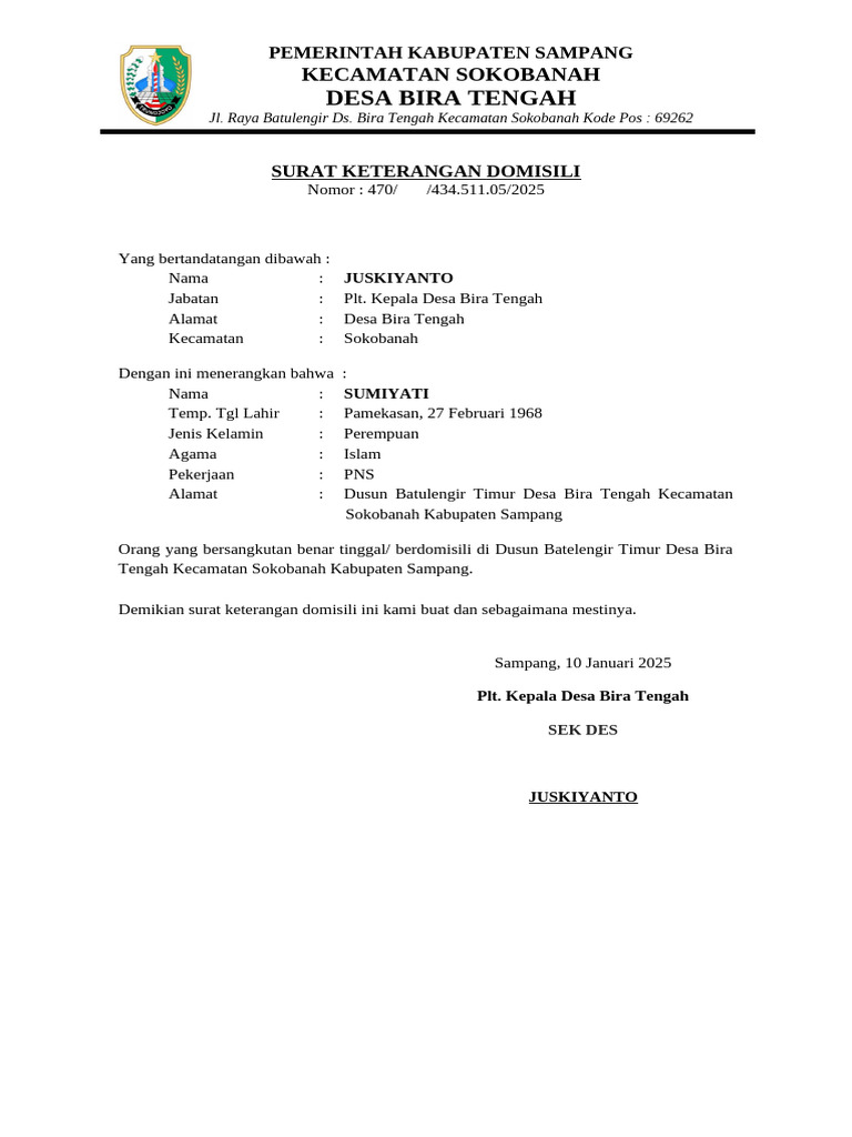 Surat Keterangan Domisili Sumiati | PDF