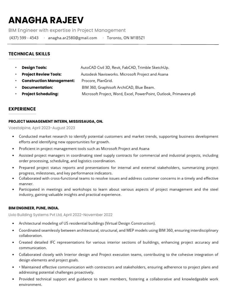 Anagha Rajeev BIM Engineer Project Management Resume | PDF | Building ...
