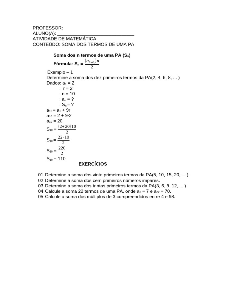 Exercícios Soma Dos Termos de Uma PA | PDF