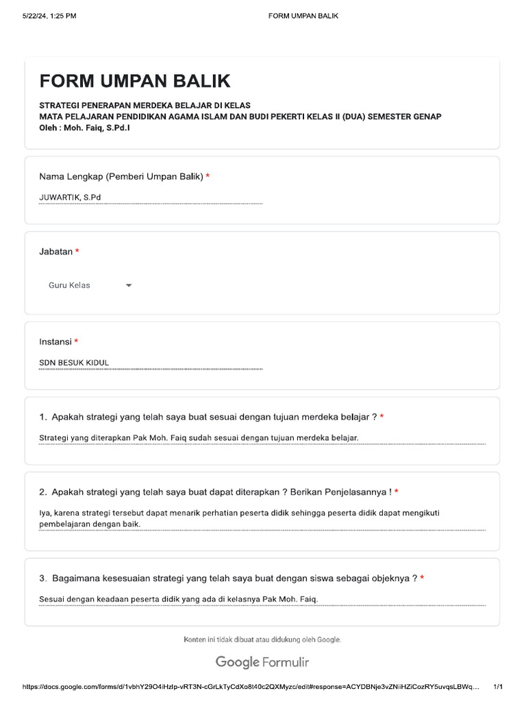 Form Umpan Balik - Juwartik | PDF