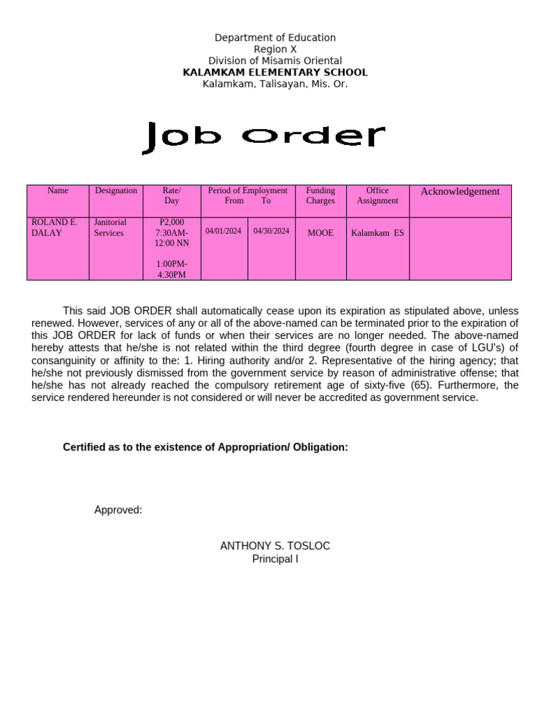 Job Order for Janitorial Services | PDF