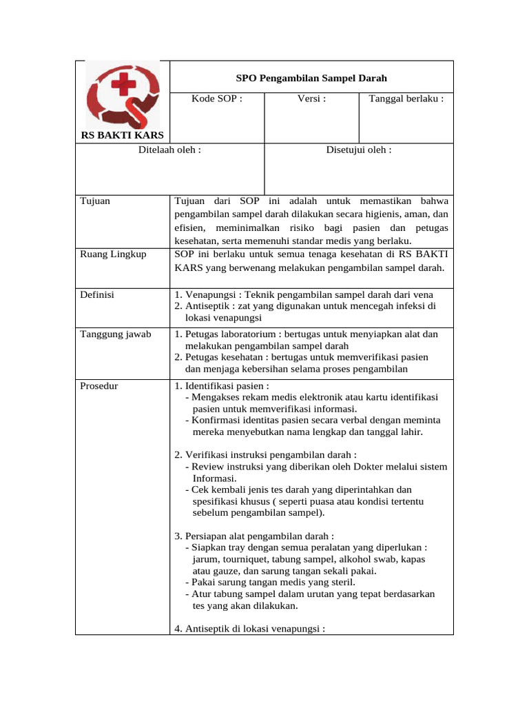 Contoh SPO Pengambilan Sampel Darah | PDF