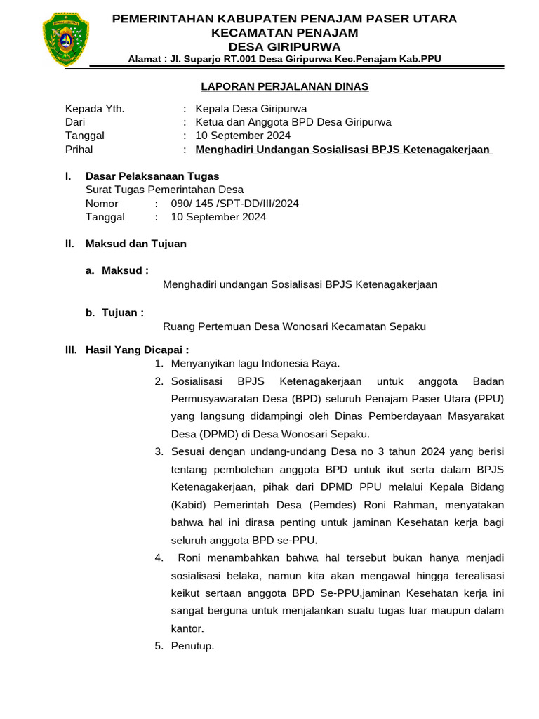 SPPD BPJS Ketenagakerjaan BPD 10 Sep 2024 | PDF