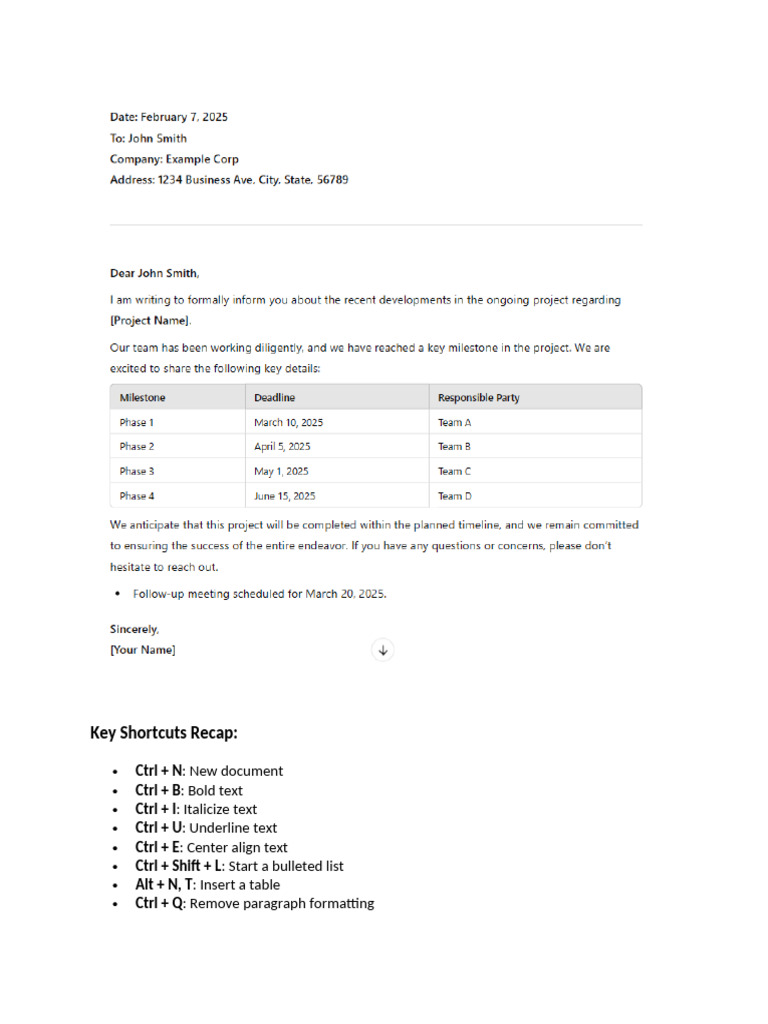Advanced Letter Exercise in Word Using Shortcut Keys - exercise 2 - out ...